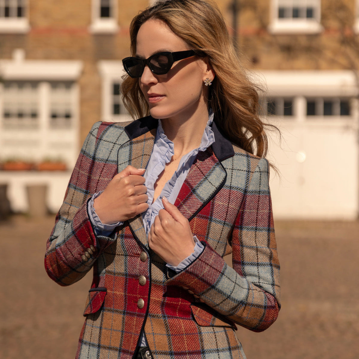Melbury Tweed Jacket in Sky Blue, Peach & Red Wine with Navy Velvet ...